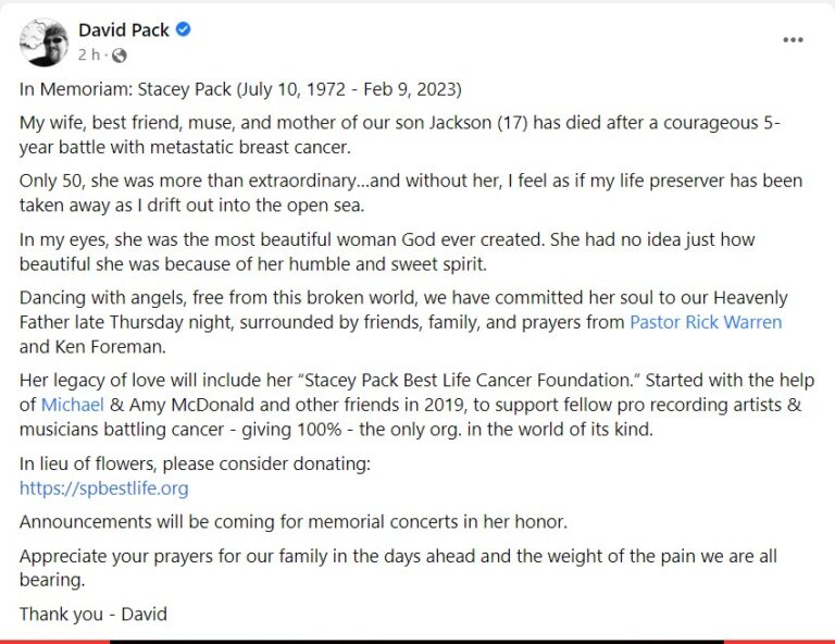 Singer David Pack's wife dies from cancer, Stacey Pack cause of death ...